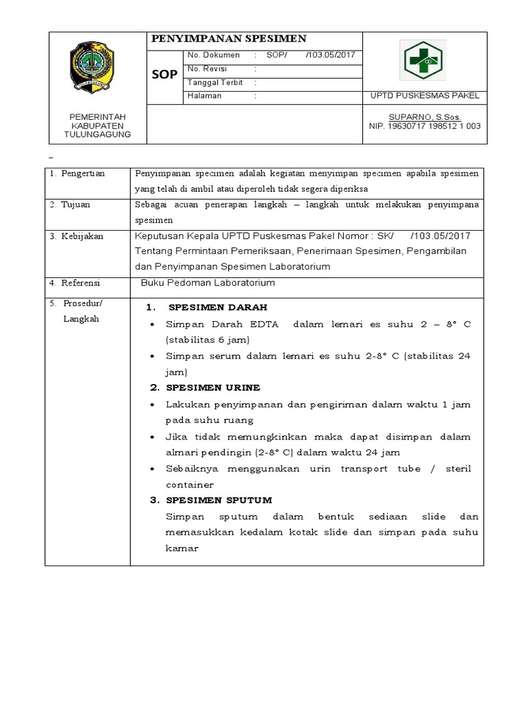 Sop Penyimpanan Spesimen | PDF