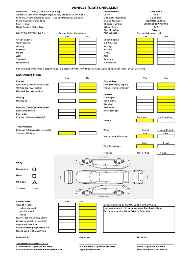 Vehicle (Car) Checklist: Mechanical Check Engine Engine Bay | PDF ...