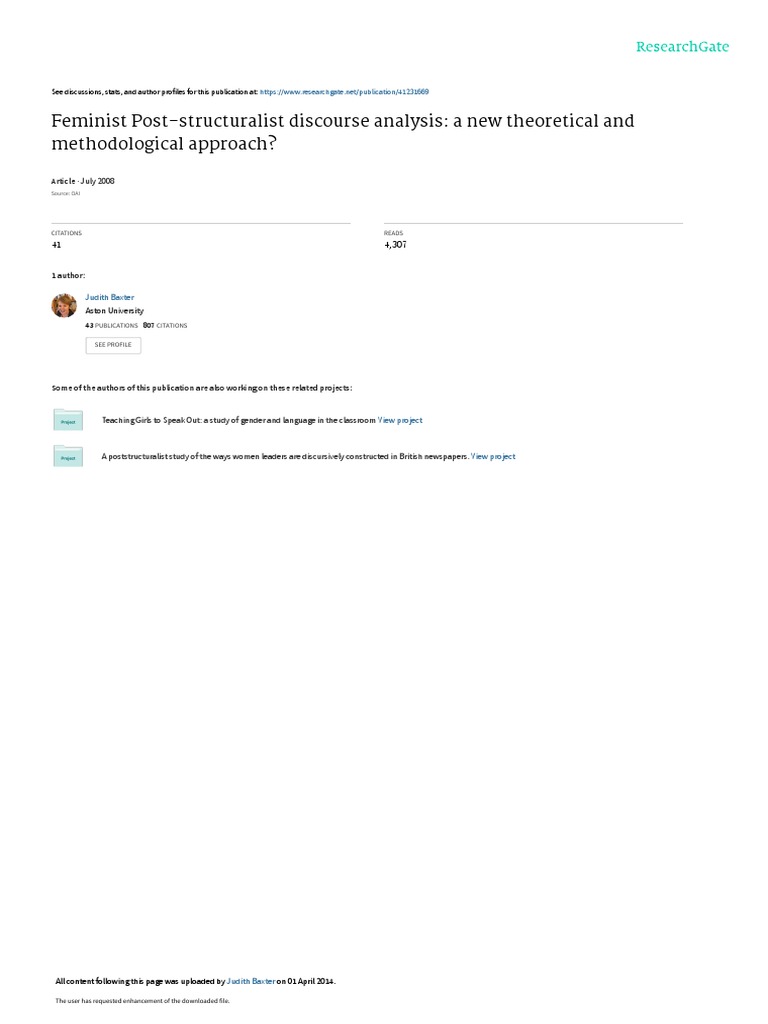 Baxter Feminist Post-Structuralist Discourse Analysis-A New Theoretical ...