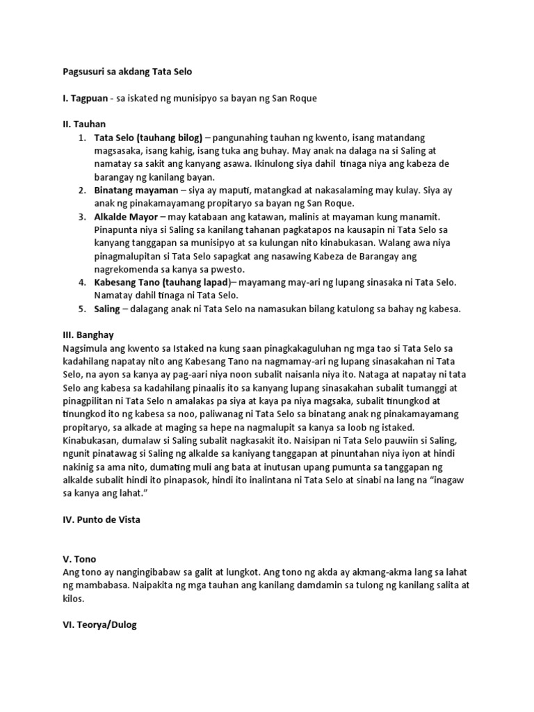 Pagsusuri Sa Akdang Tata Selo | PDF