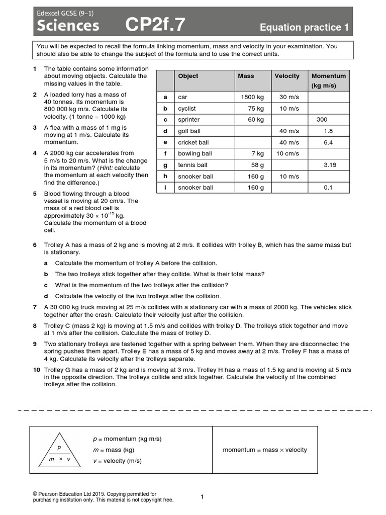 Equation Practice 1: P Momentum (KG M/S) M Mass (KG) V Velocity (M/S ...
