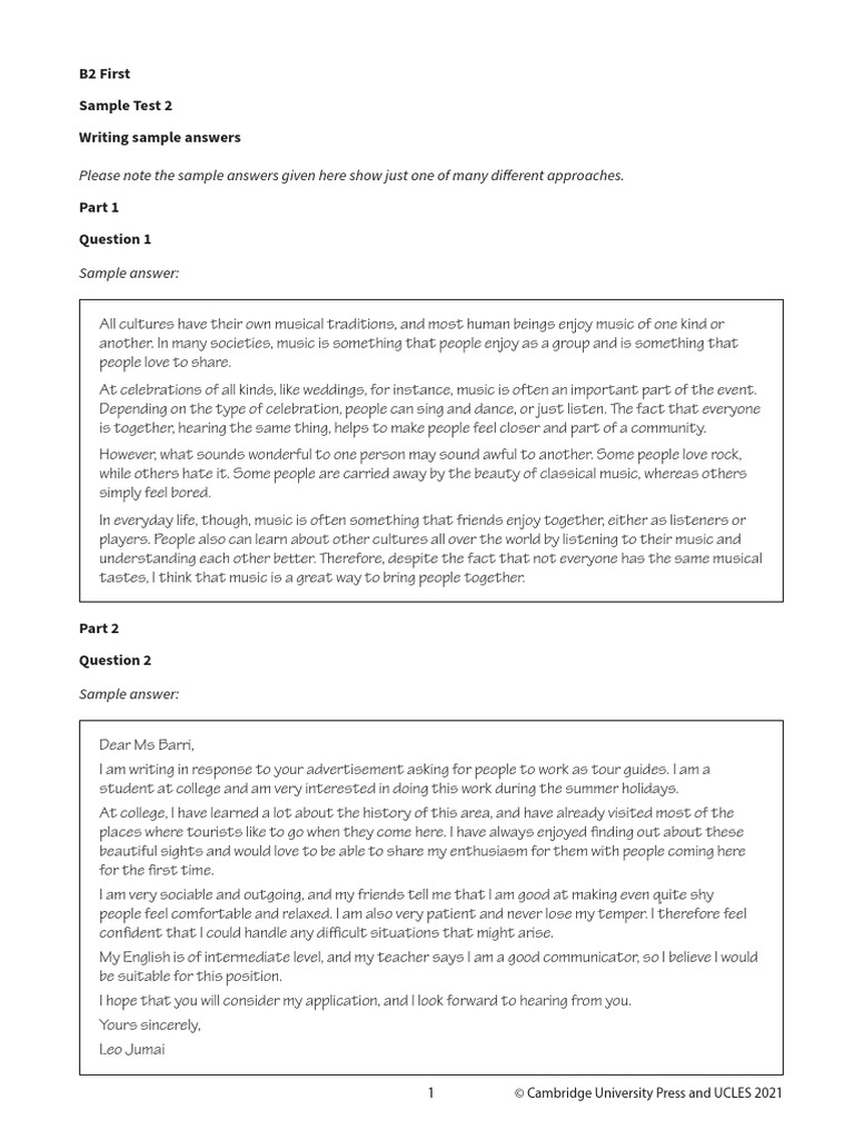 B2 First Practice Test Writing Answer Key | PDF