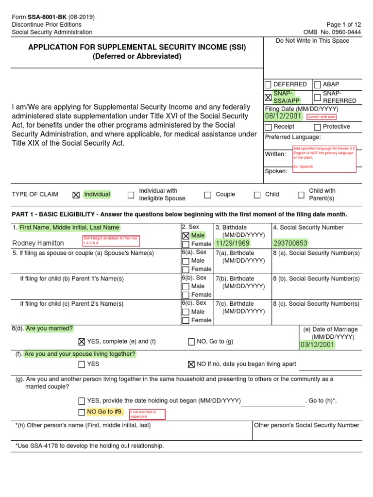 Application For Supplemental Security Income SSA8001 SAMPLE | PDF ...