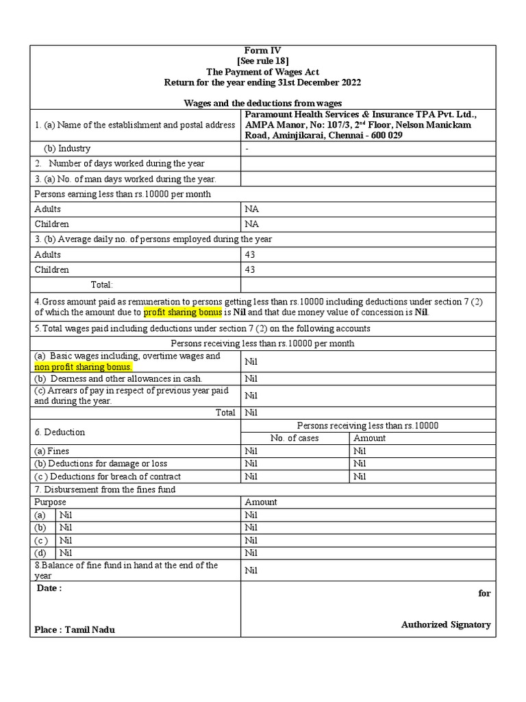 Annual Return Form IV, Payment of Wages Act | PDF | Wage | Social Programs