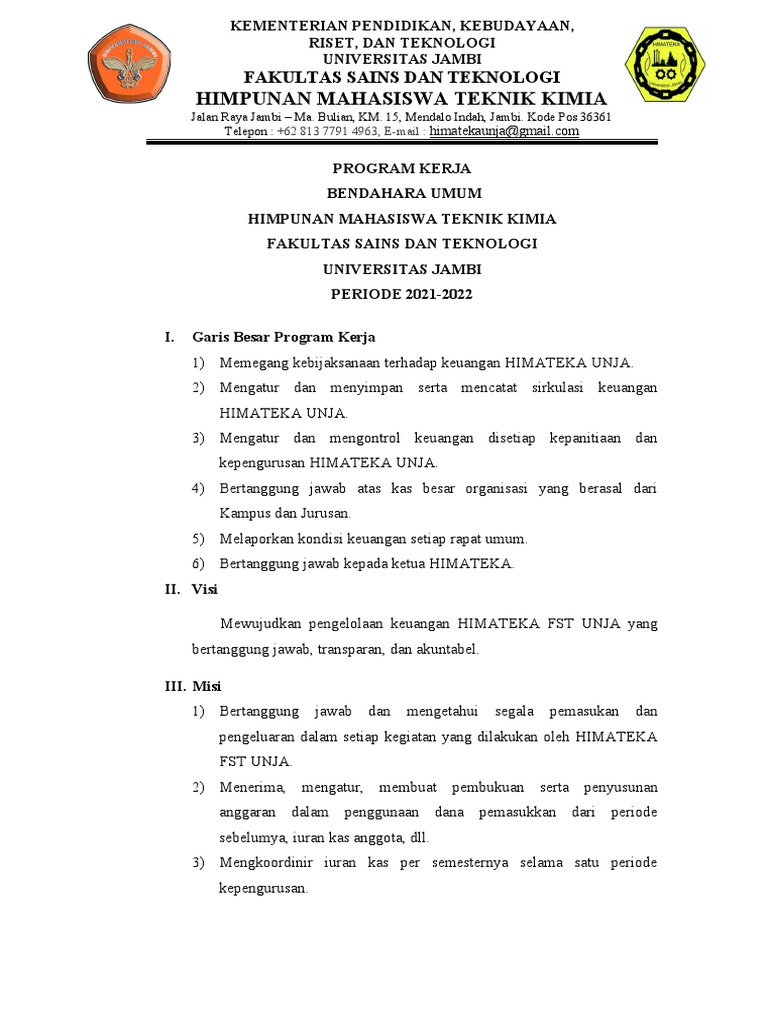 Program Kerja Bendahara Umum Periode 2021-2022 | PDF