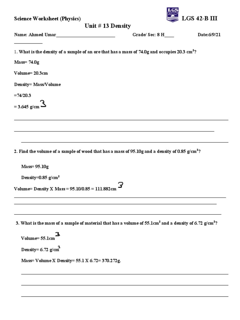 Unit 13 Density Worksheet Ahmed Umar 8-H | PDF | Density | Physical ...