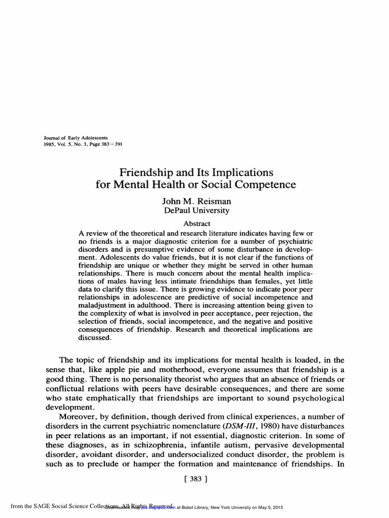Friendship and Its Implications For Mental Health or Social Competence ...
