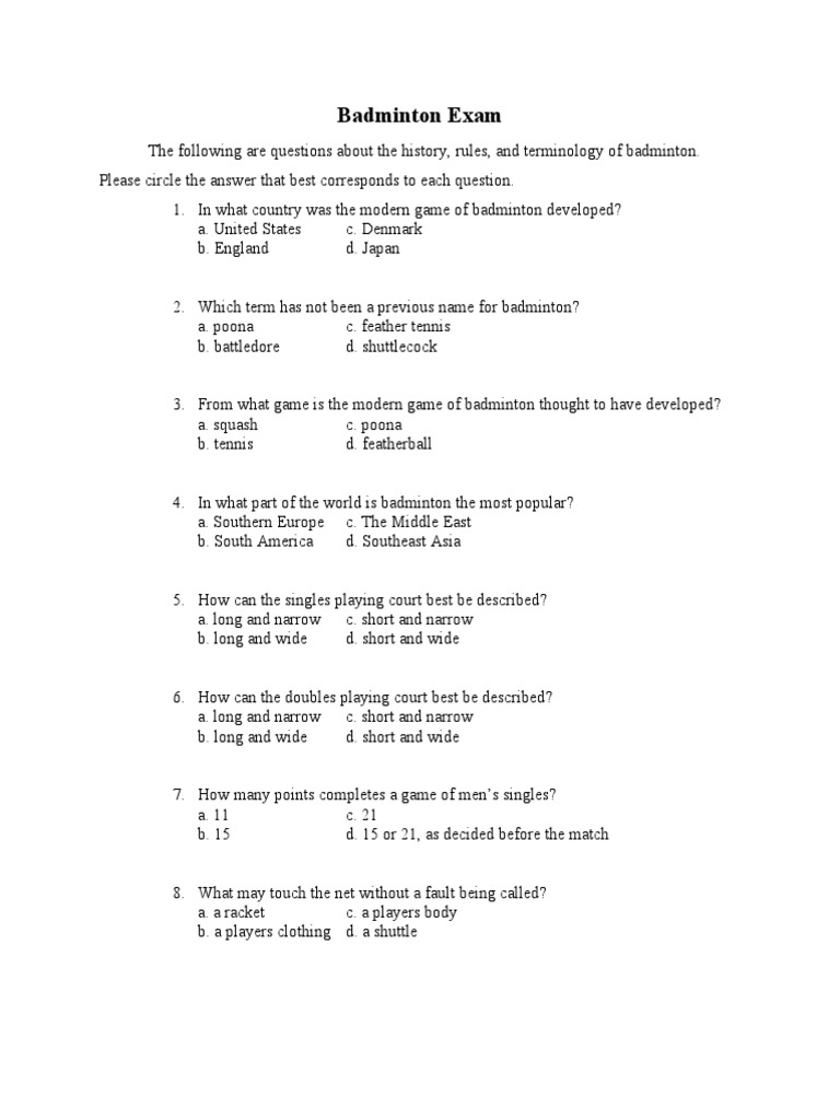 Badminton Exam and Answer Key | PDF | Hobbies | Gaming