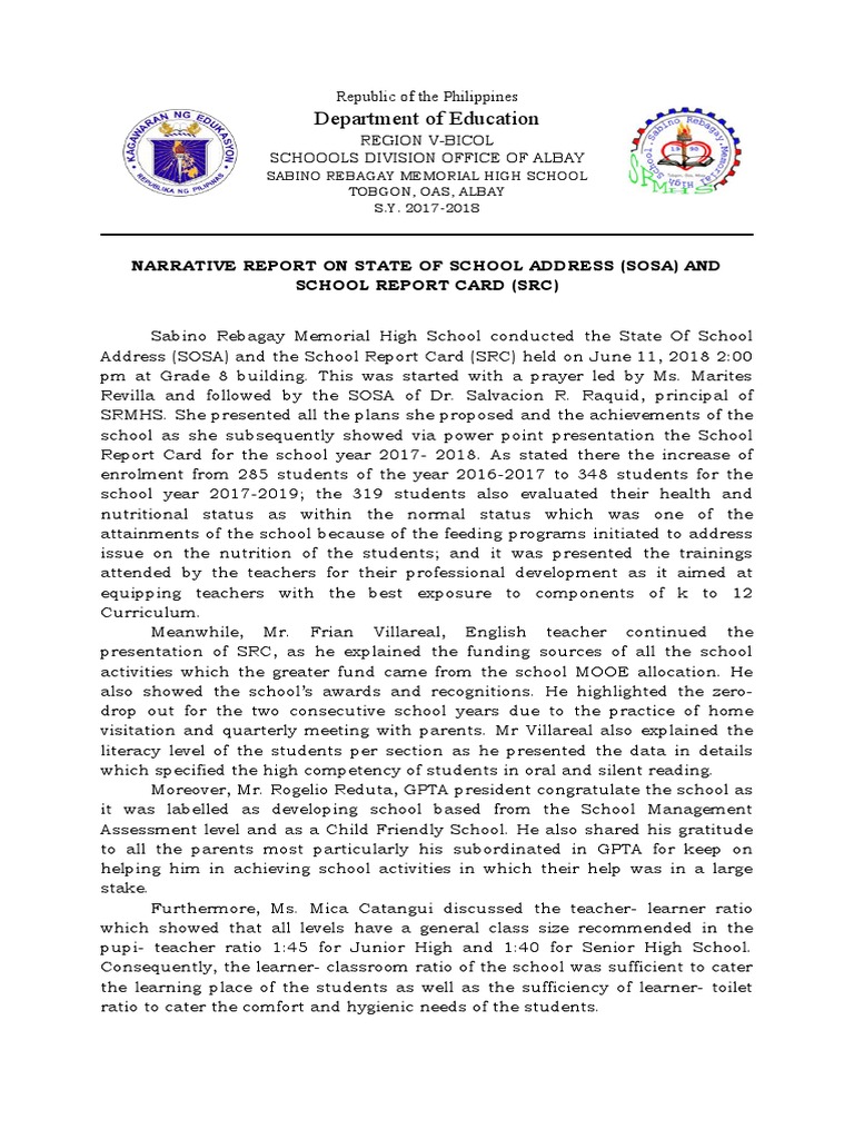 SOSA&SRC - Narrative Report A | PDF | Teachers | Learning