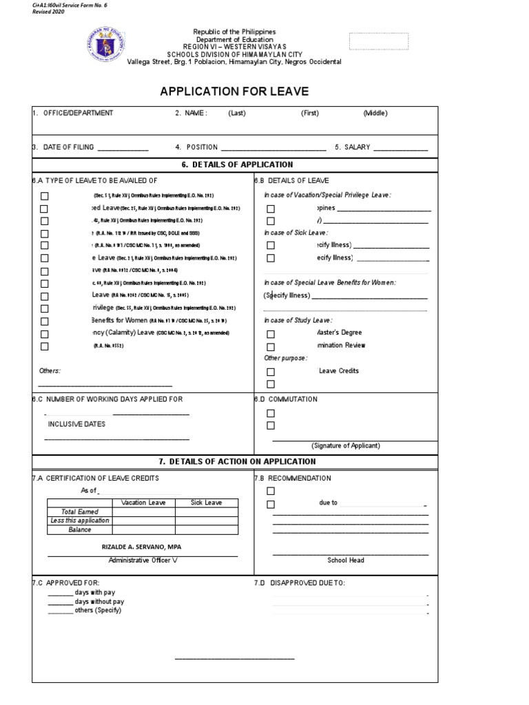 TEACHER CS Form No. 6 Revised 2020 Application For Leave Fillable 1 ...