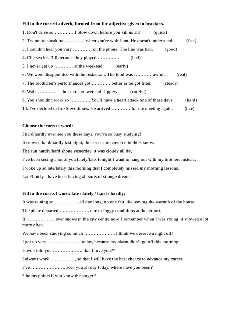 Irregular Adverbs Exercises | PDF
