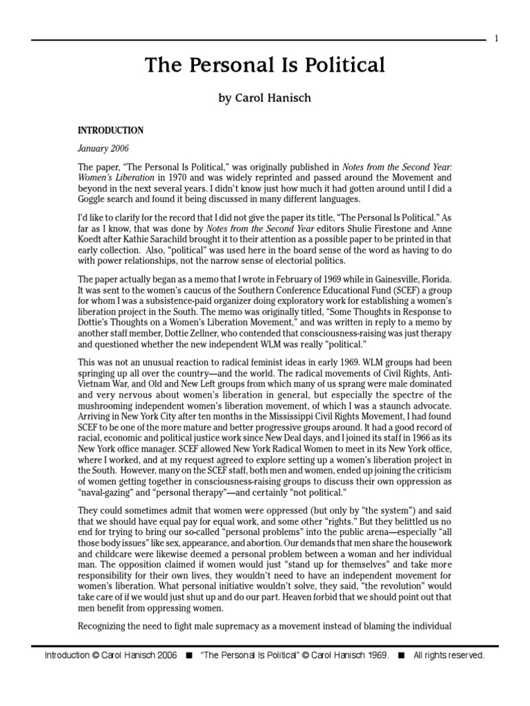 Carol Hanisch - The Personal Is Political | PDF | Philosophical ...