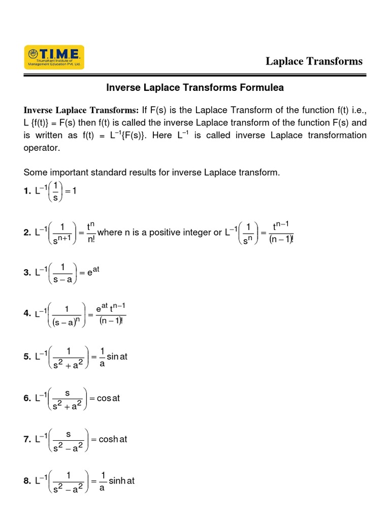 Key Formulas for Inverse Laplace Transforms: A Concise Reference Guide ...
