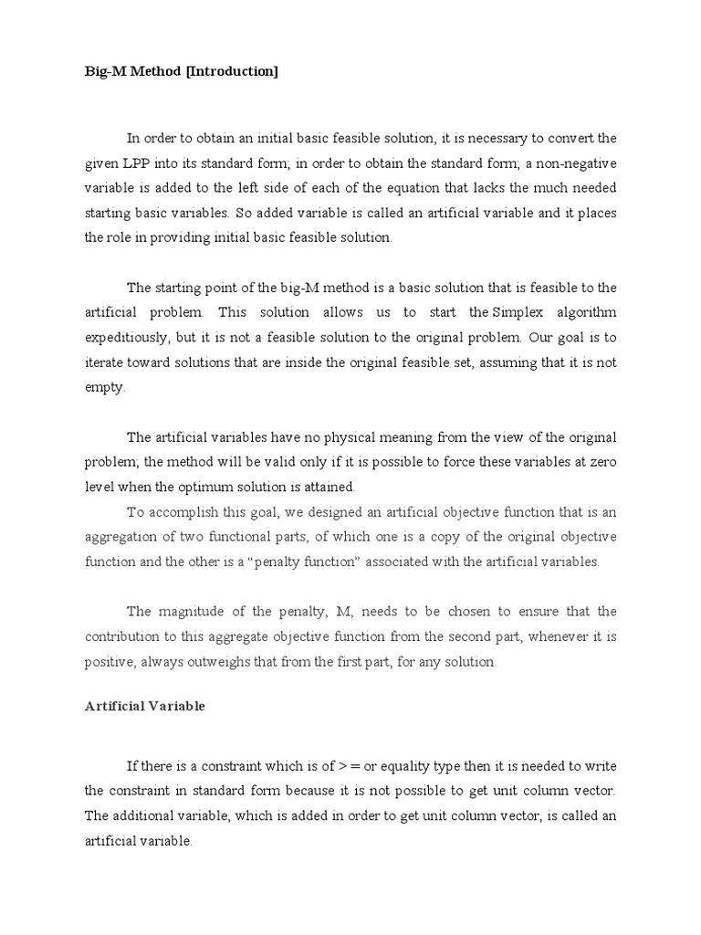 Big-M Method (Introduction) : Artificial Variable | PDF | Mathematical ...