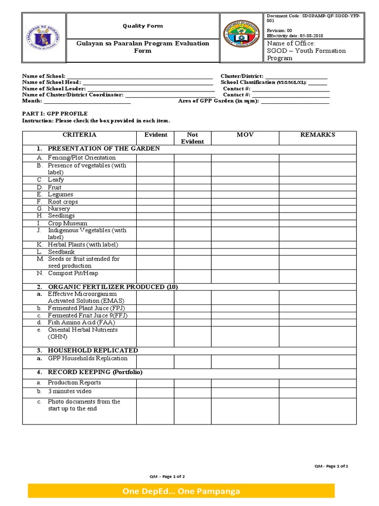 Gulayan Sa Paaralan Program Evaluation Form: One Deped One Pampanga ...