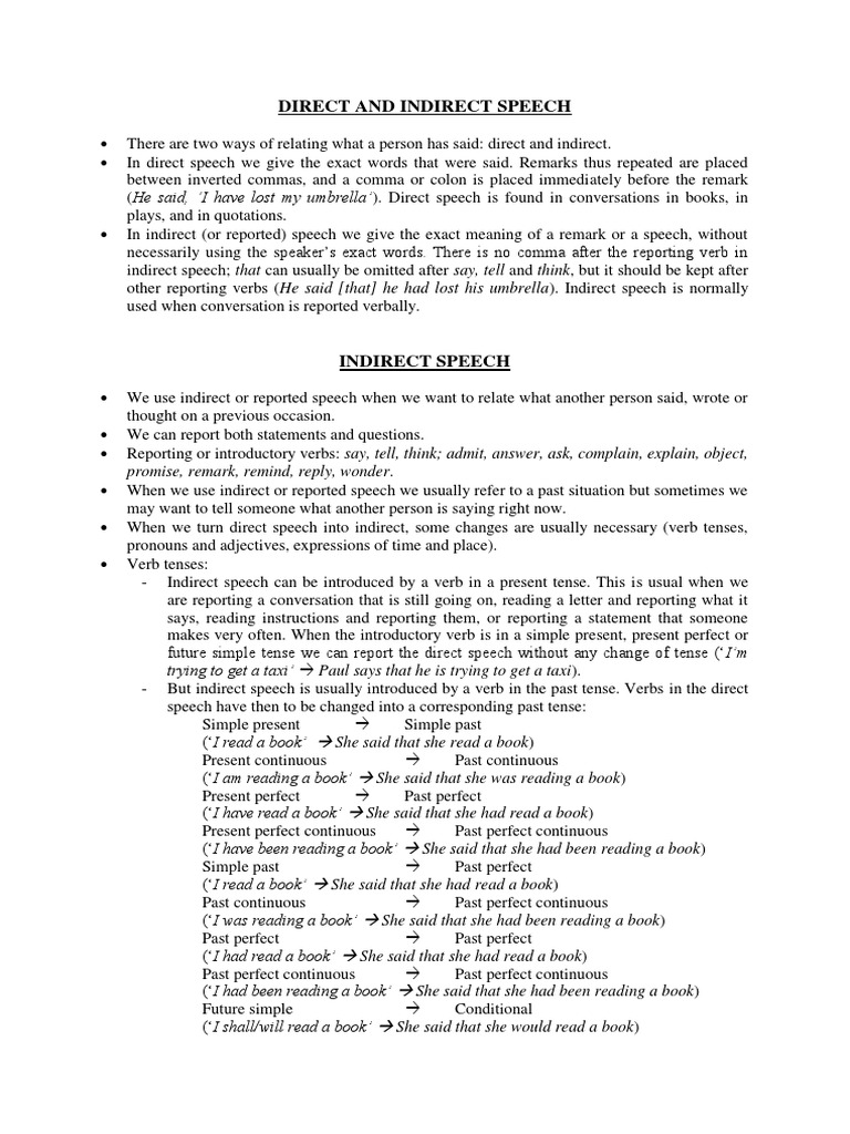 Indirect Speech - Explanation and Exercise | PDF | Linguistic Typology ...