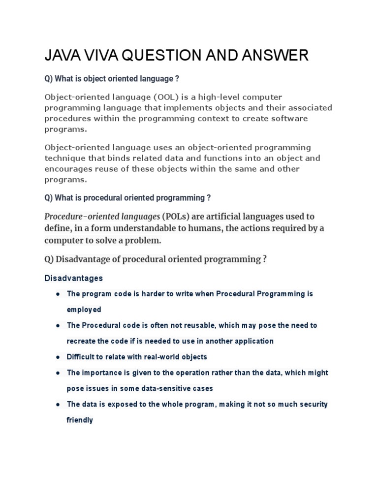 Java Viva Question and Answer: Q) What Is Object Oriented Language ? | PDF | Method (Computer ...