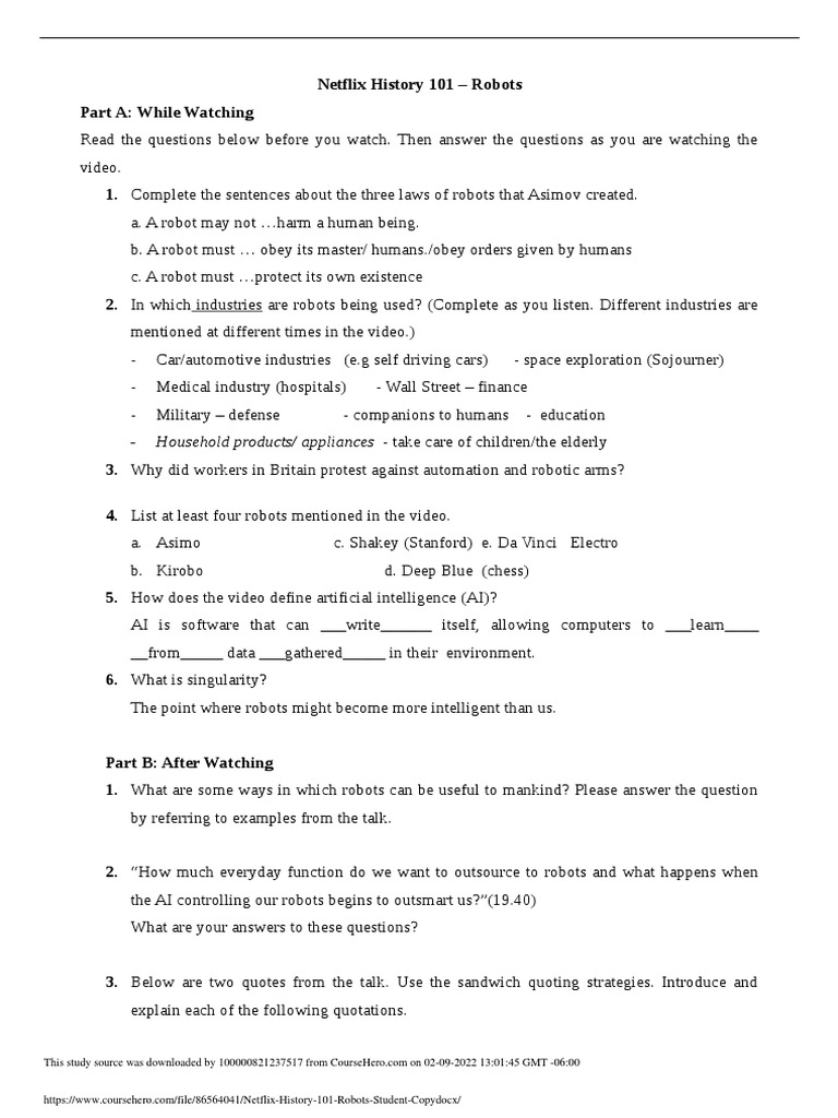 Netflix History 101 Robots Student | PDF | Robotics | Robot