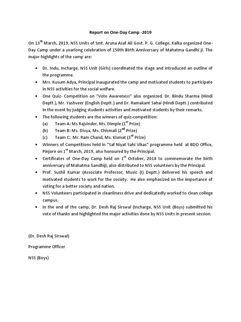 NSS One-Day Camp Report 2019 | PDF | Career & Growth