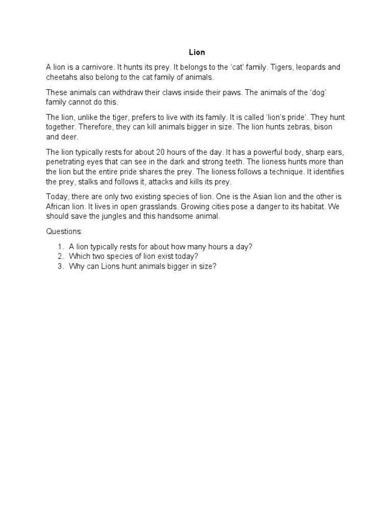 Informative Text The Lion | PDF | Home & Garden | Science & Mathematics