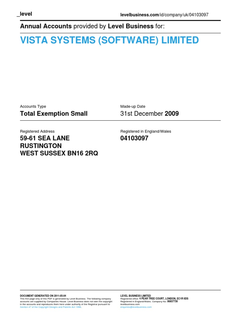 VISTA SYSTEMS (SOFTWARE) LIMITED - Company Accounts From Level Business ...
