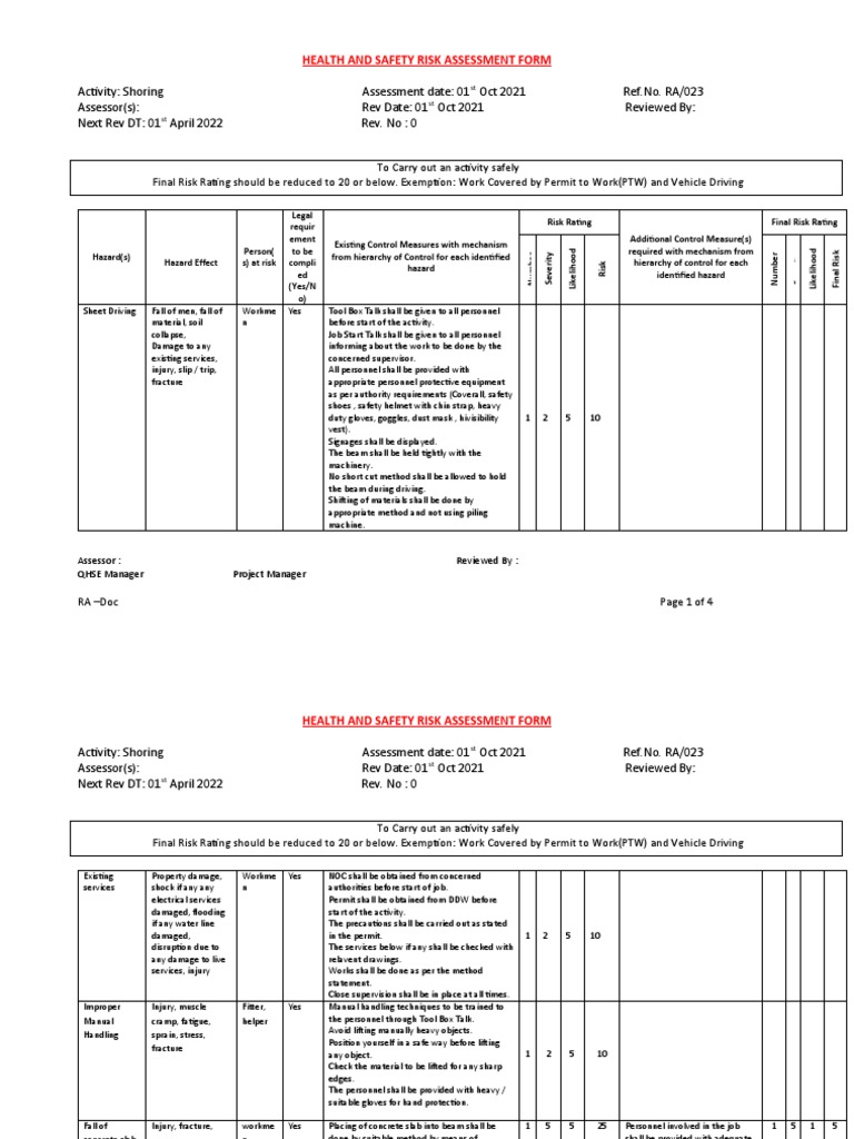 Health and Safety Risk Assessment Form | Download Free PDF | Risk ...