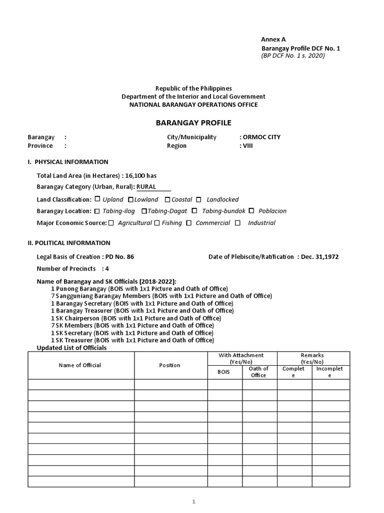 Barangay Profile: (BP DCF No. 1 S. 2020) | PDF