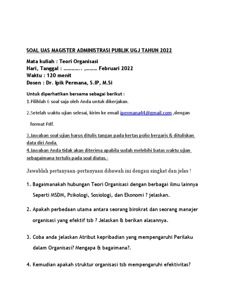 Soal UAS Teori Organisasi MAP 2022 | PDF | Karier & Perkembangan