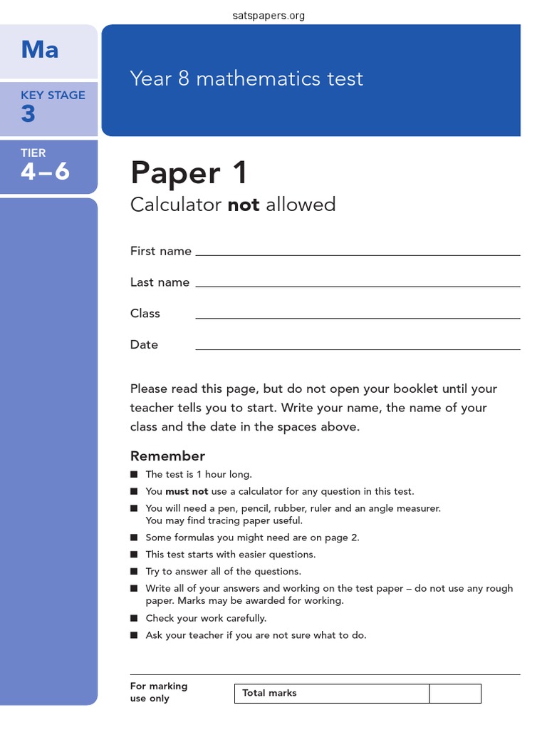 KS3 Year 8 Maths 2011 - Paper 1 - Level 4-6 | PDF | Litre | Geometry