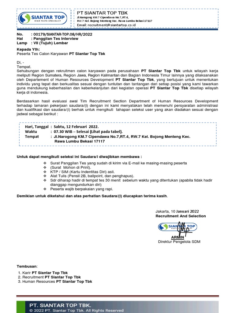 Surat Undangan Interview PT Siantar Top TBK | PDF