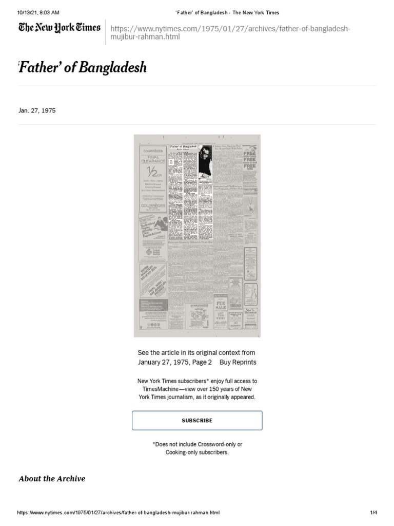 Father' of Bangladesh - The New York Times | PDF | Bangladesh | Dhaka