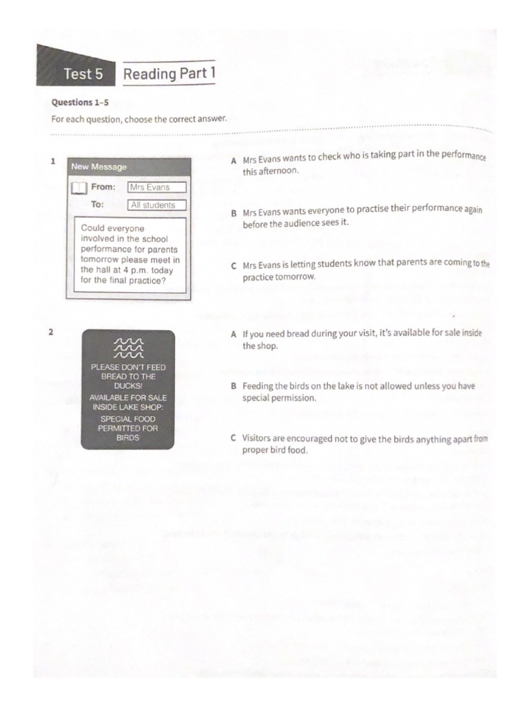 PET Exam - Reading Test 5 | PDF