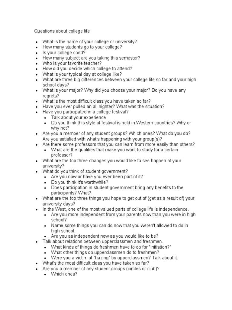 Questions About College Life | PDF | Experience