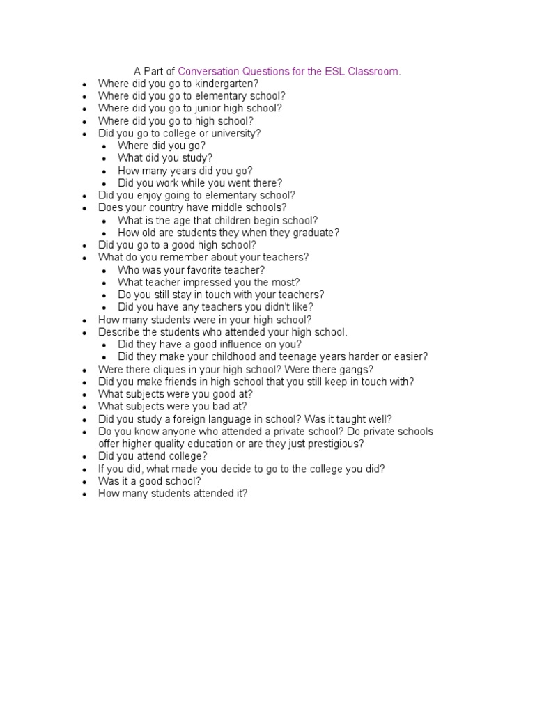 Conversation Questions For The ESL Classroom | PDF | Schools | Teachers