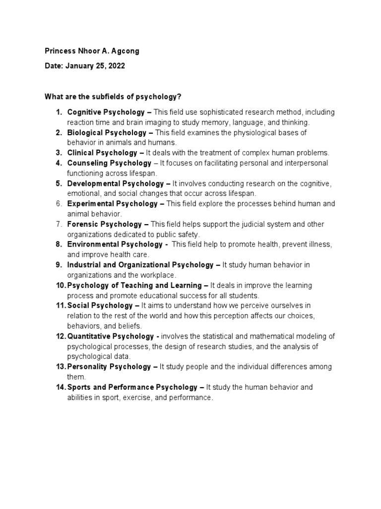Subfields of Psychology Explained | PDF