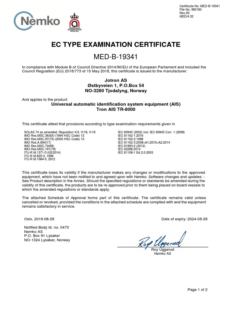 Ec Type Examination Certificate: MED-B-19341 | PDF
