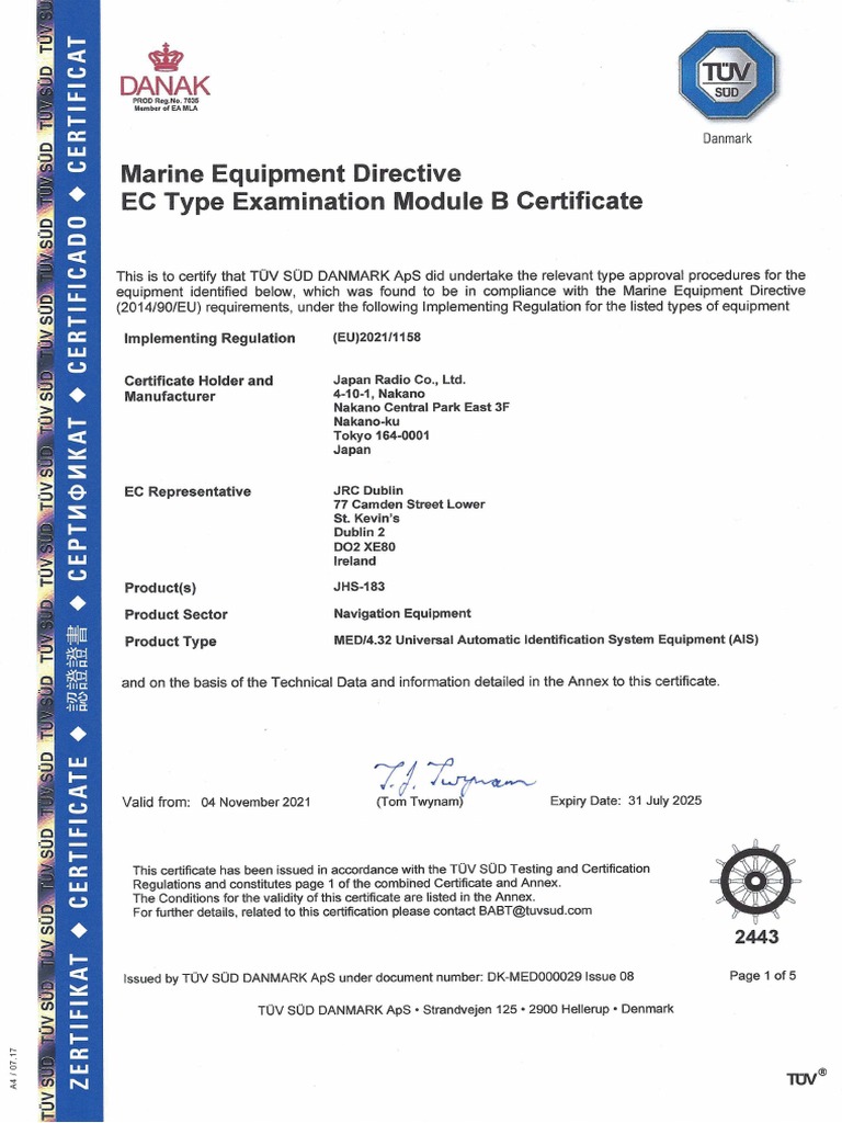 AIS JHS-183 Type Approval Certificate | PDF | Computing | Computer Engineering