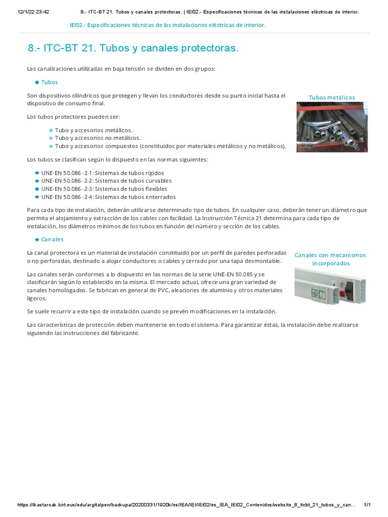 ITC-BT 21. Tubos y Canales Protectoras. - IEI02. - Especificaciones Técnicas de Las ...
