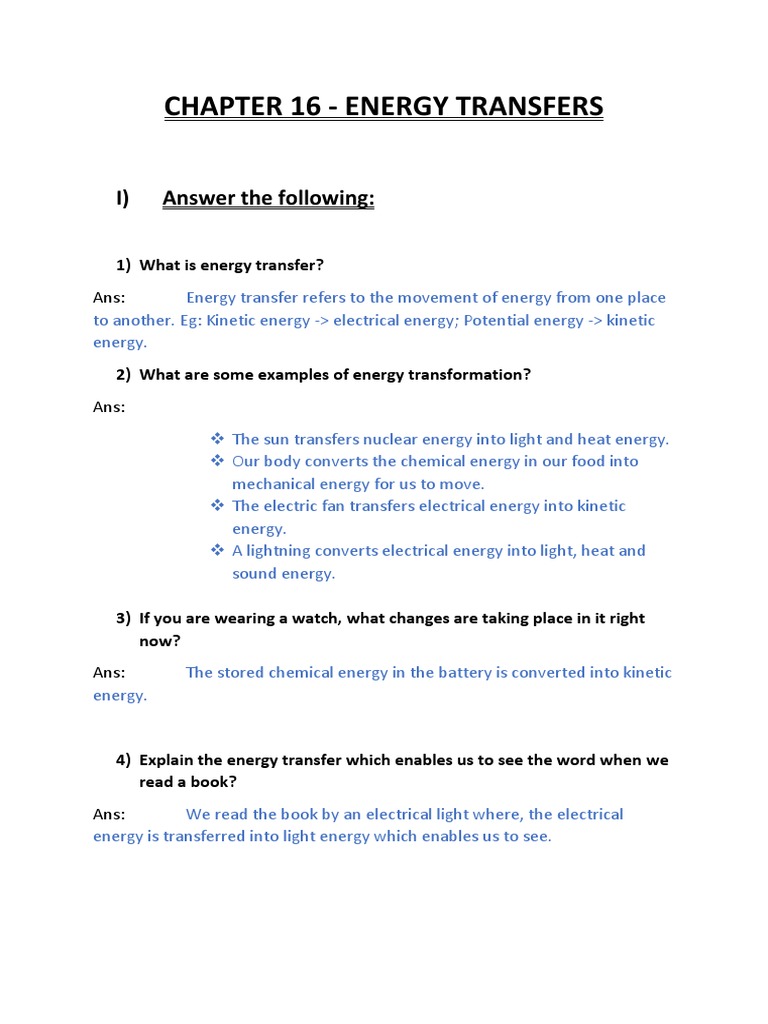 Chapter 16 - Energy Transfers: I) Answer The Following | PDF | Kinetic ...