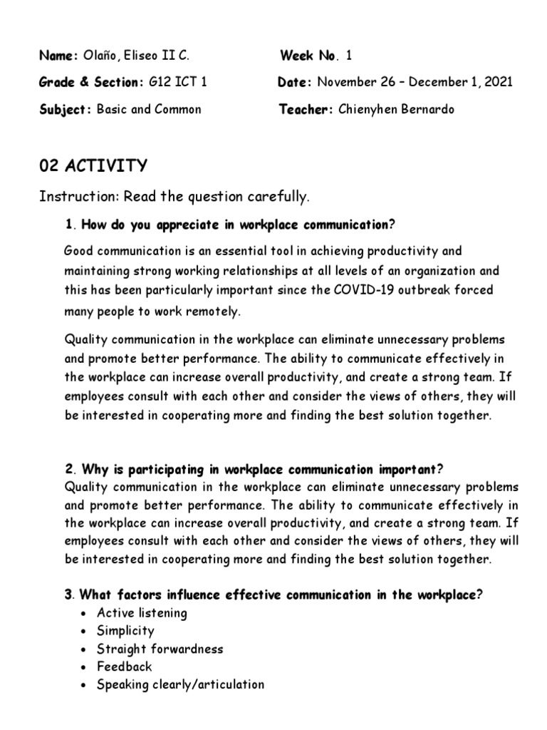 Activity 002 Workplace Communication | PDF | Communication | Cognitive ...