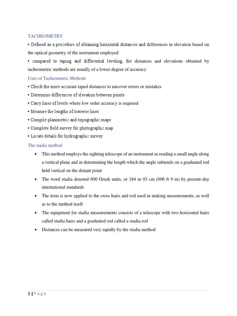 Tacheometry and Stadia Methods Explained | PDF | Surveying | Metrology