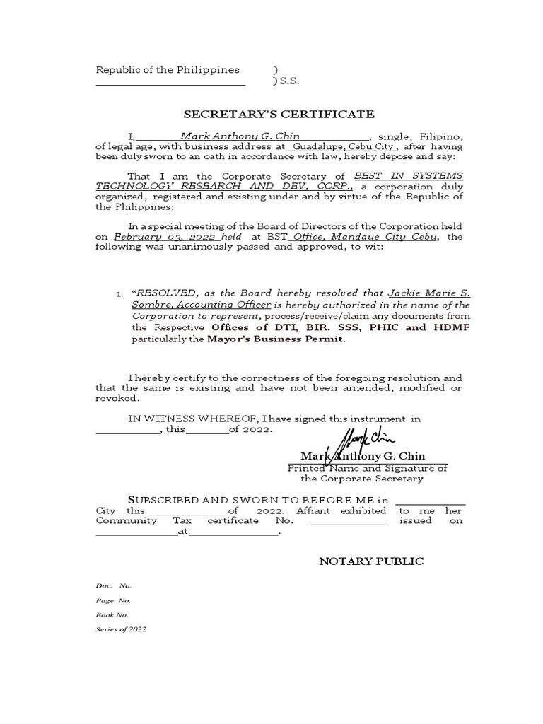 Secretary's Certificate Authorization | PDF