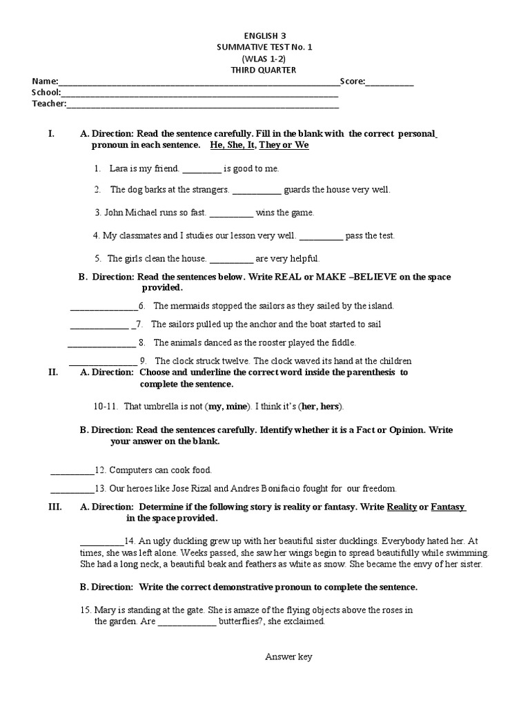 Grade 3 English Summative Test, Performance Task and TOS Quarter 3 Week ...