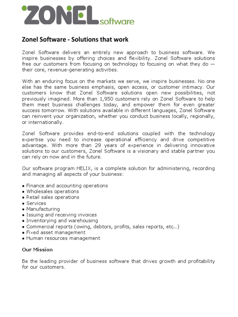 Zonel Software - Solutions That Work: Our Mission | PDF | Retail | Customer