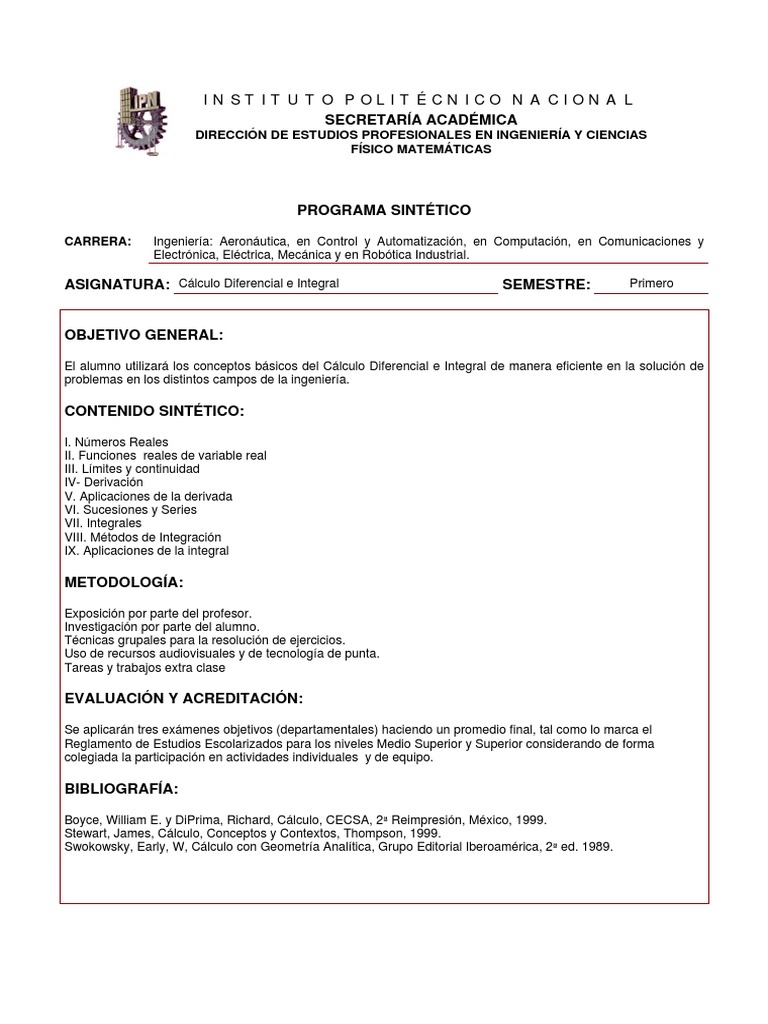 Prog. Sinetico - Calculo Diferencial. IPN | PDF | Integral | Cálculo Prog. Sinetico - Calculo Diferencial. IPN | PDF | Integral | Cálculo