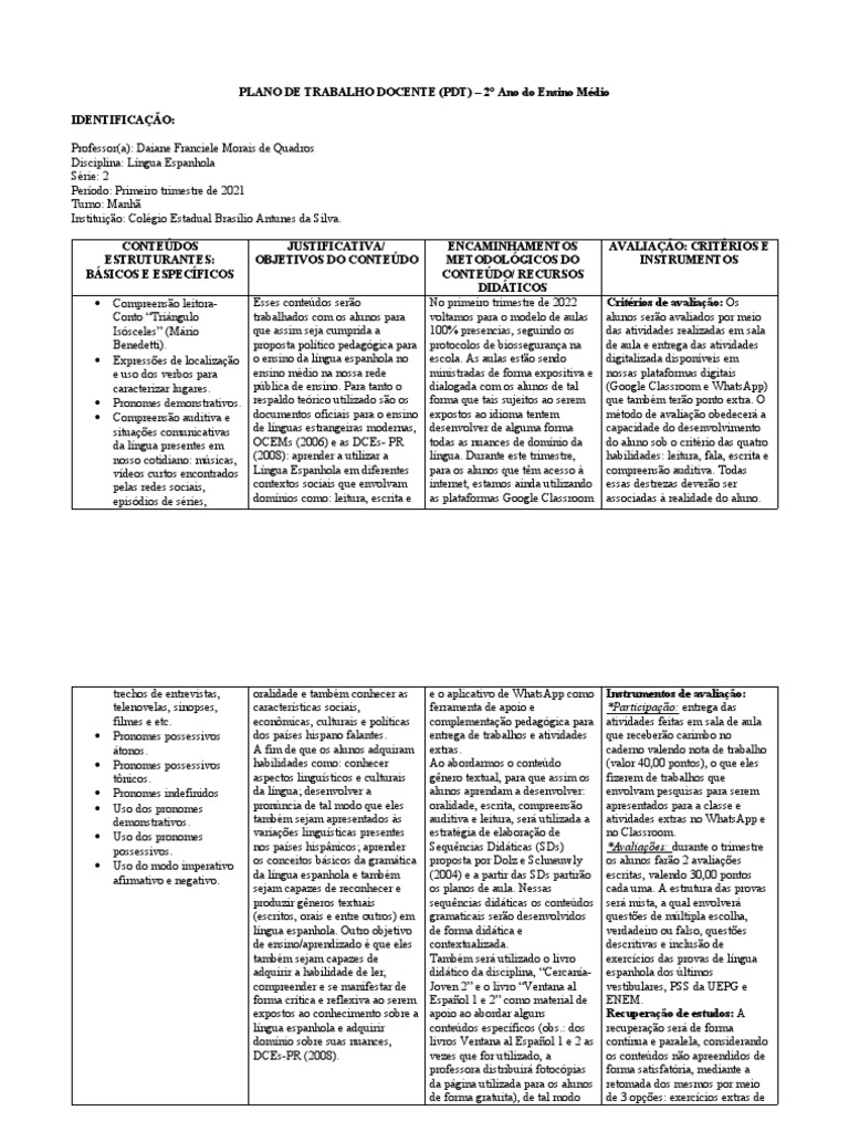 Primeiro Trimestre 2022 - PTD Língua Espanhola - 2° Ano EM | PDF | Pronome | Pedagogia