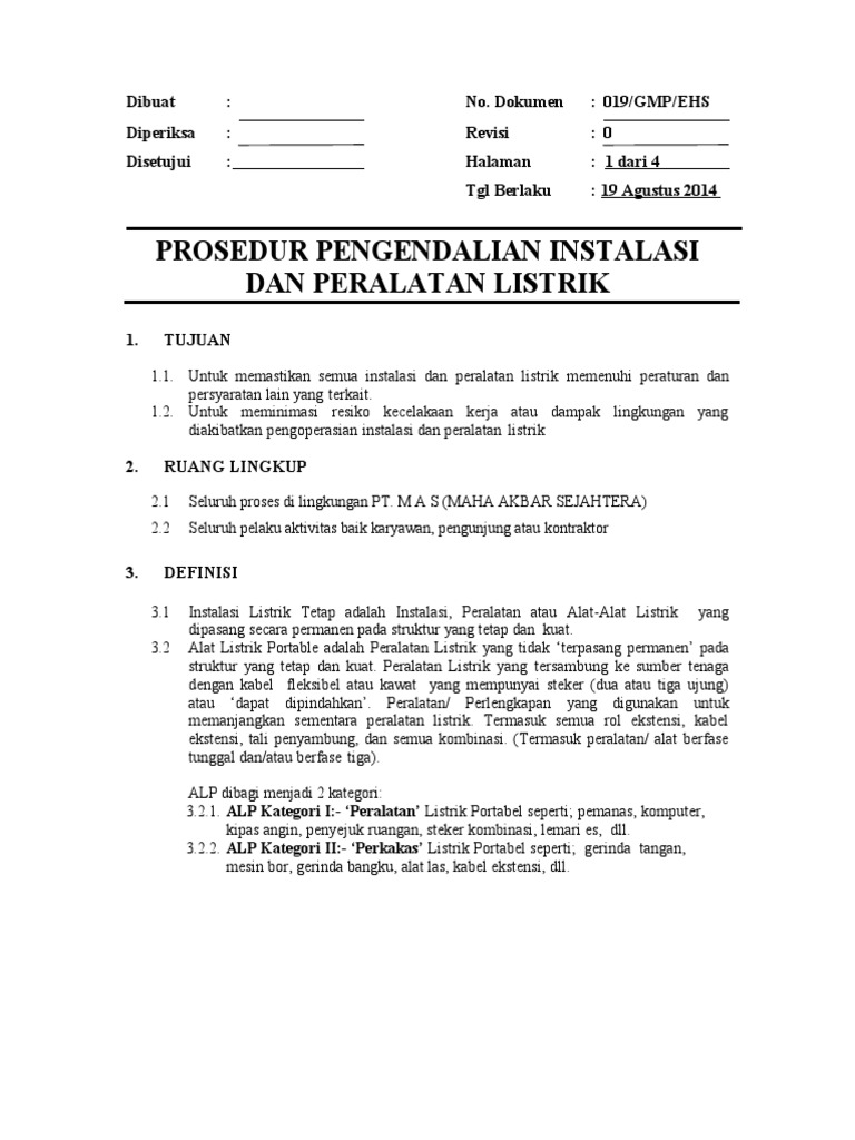 SOP Pengendalian Instalasi Dan Peralatan Listrik - in | PDF