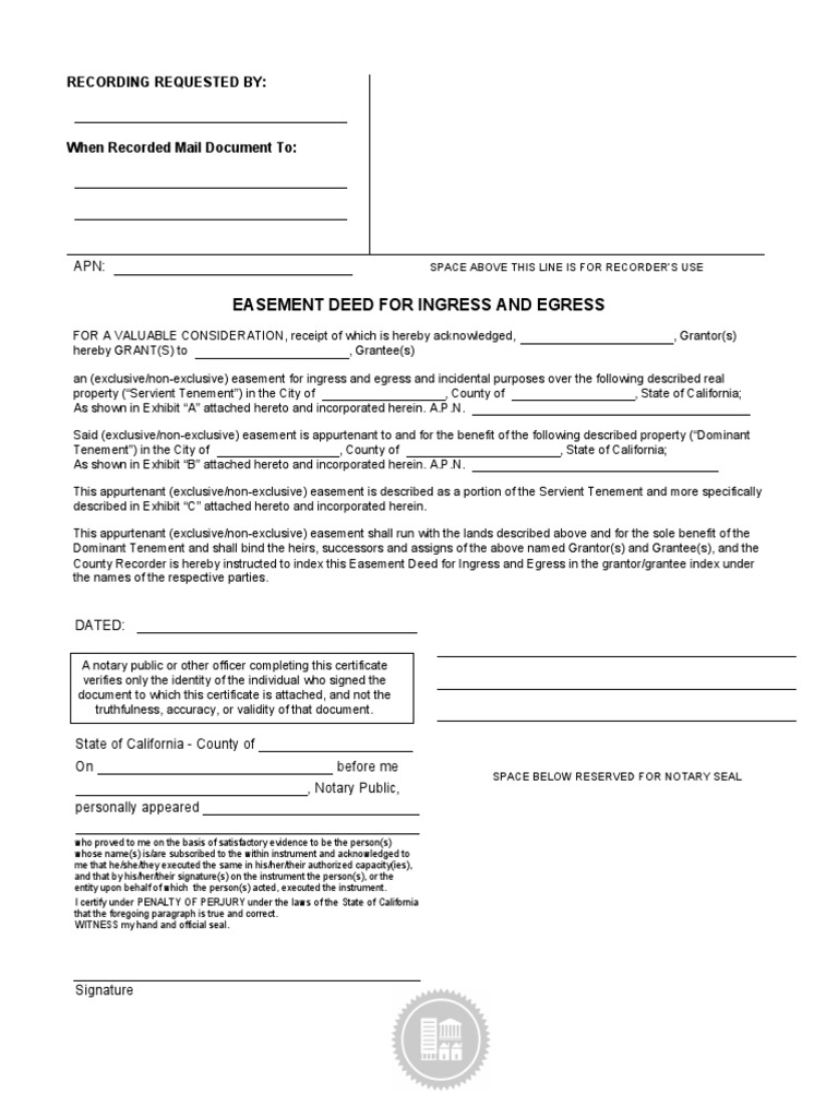 Ingress and Egress Easement Deed | PDF | Notary Public | Easement