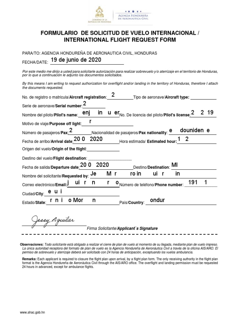 Formulario de Solicitud de Vuelo Internacional-International Flight ...