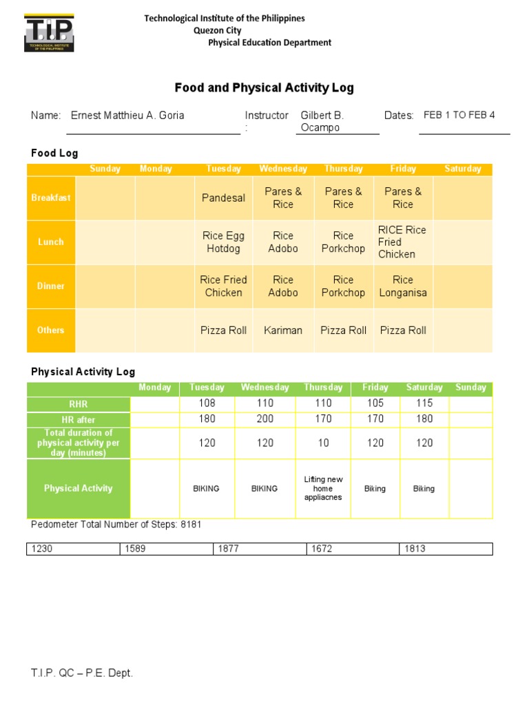 Food and Physical Activity Log | Download Free PDF | Food And Drink ...
